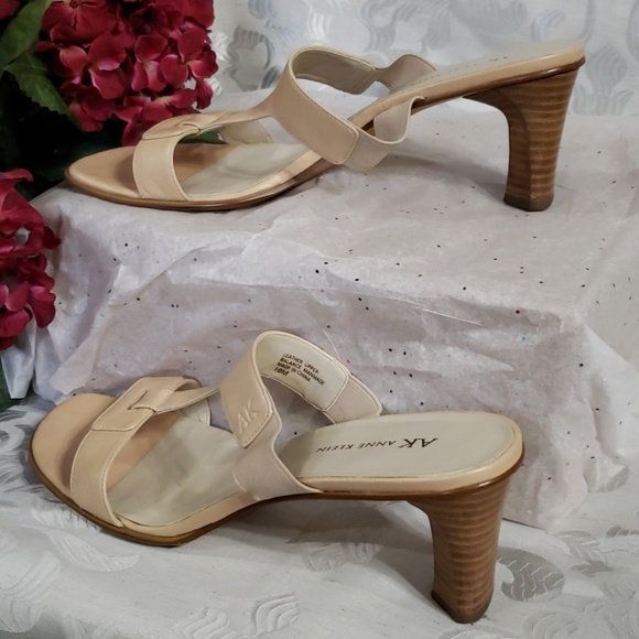 Anne Klein | Shoes | Ak Becker Leather Open Toe Beige Heel Sandals M ...